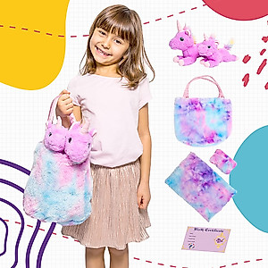 Mommy & Baby Unicorn Gift for Girls 4 - 5 - 6 - 7 yrs - Stuffed Animal Set w/ 2 Purple Plush Toys - Rainbow Purse Bag, Doll Pillow, Blanket, & Birth Certificate Plushies for Birthday (Purple Tie Dye)