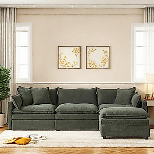 ChicFurnit Couch, L-Shaped Sectional Sofa, Luxury Chenille Fabric Sofa Couch with Foam Cushions, Comfy Upholstered Modular Sofa with Ottoman for Living Room, Apartment & Office, Green