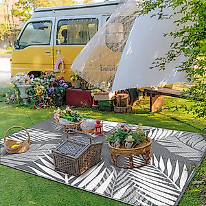 GENIMO Outdoor Rug 8' x 10' Waterproof for Patios Clearance, Reversible Plastic Straw Camping Rug Carpet, Large Area Rugs Mats for RV, Picnic, Backyard, Deck, Balcony, Porch, Beach, Grey&White