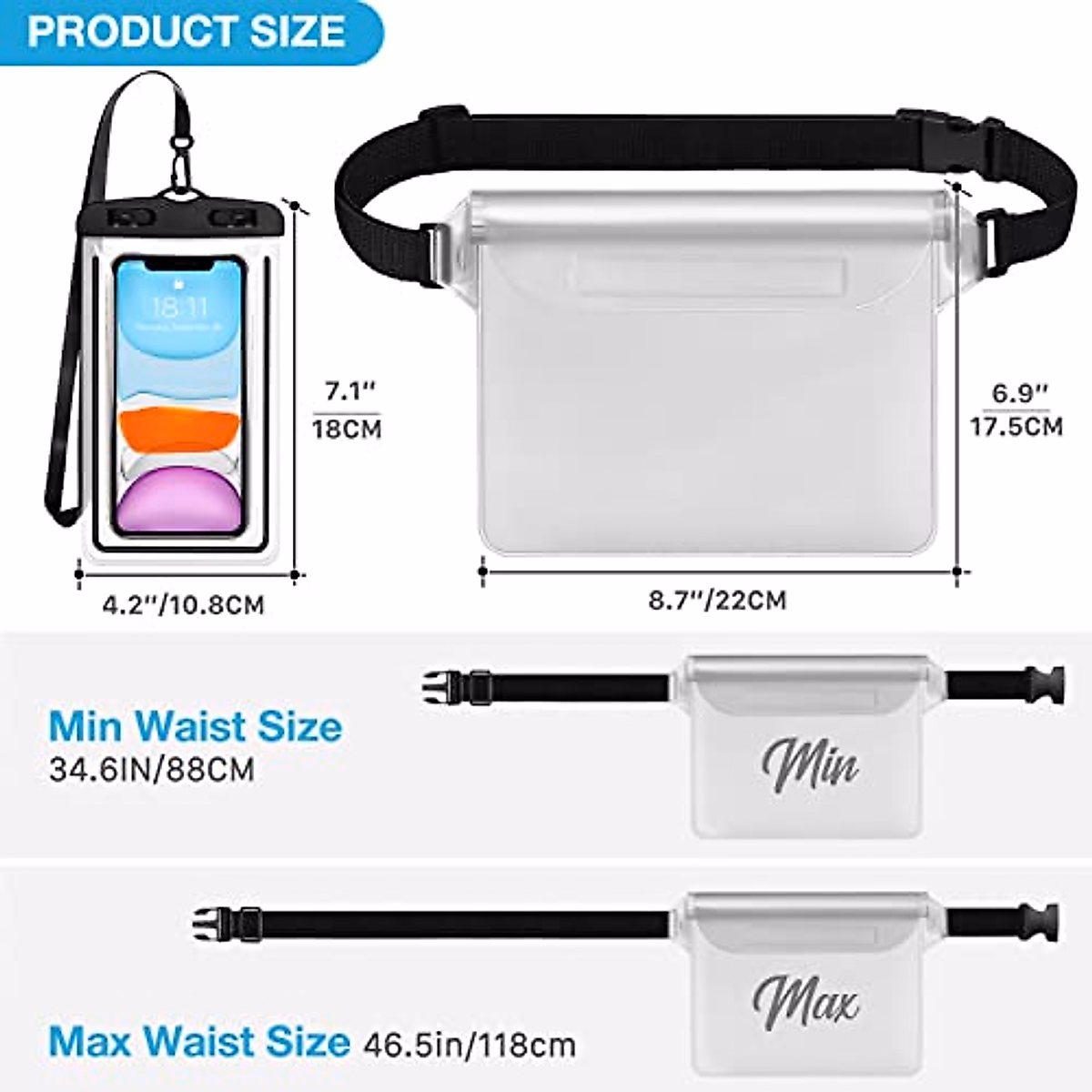Hommtina Waterproof Phone Case Waterproof Bag,Waterproof Fanny Pack Waterproof Pouch with Adjustable Belt for Beach, Swimming, Boating, Fishing (2 * fanny pack(black+white)+2 * phone case(black))