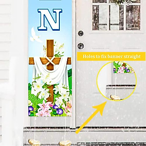 He Is Risen Banner, 71" X 12" He Is Risen Easter Decorations Porch Sign Happy Easter Banner Easter Door Decorations Porch Banner Easter Christian Cross Resurrection Religious Holiday Front Door Sign