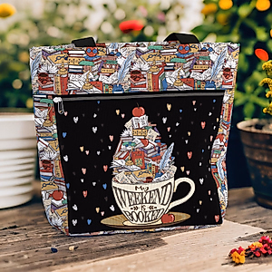 84hoods Aesthetic Waterproof Tote Bag. Gift for Book Lovers and Librarian. Cute Graphic Large Shoulder Bag with Pockets and Zipper for Work. 15 inch Grocery Bag. Weekend Booked.