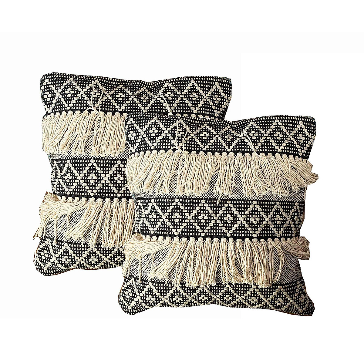 Chardin home Black & Ivory Boho Pillow Covers, Set of 2 Decorative Throw Pillow Covers 20x20 with Fringe Tassels | Farmhouse Pillow Cover with Woven Diamond Design