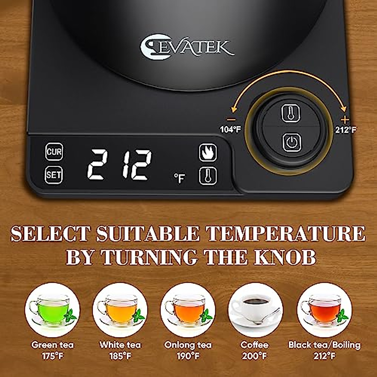 EVATEK Gooseneck Electric Kettle Temperature Control, 1L Electric Tea Kettle with Auto Shut-off, Keep Warm for 1-24h, Dry Burning Protection, 1200W Stainless Steel Pour-Over Coffee Kettle