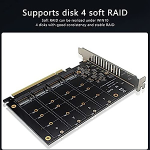 Jopwkuin M.2 SSD Adapter, PCIE X16 Interface Soft Light LED Status Indicator NVME   Card for 4 NVME PCIe Protocol SSDs for PCIE3.0 4.0