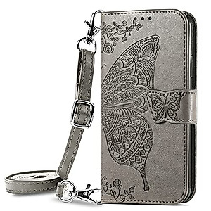 ONV Wallet Case for Samsung Galaxy Z Fold 3 - Crossbody Long Lanyard Butterfly Embossed Leather Folio Case Magnetic Card Slot Kickstand +TPU Shell for Samsung Galaxy Z Fold 3 [HZD] -Gray