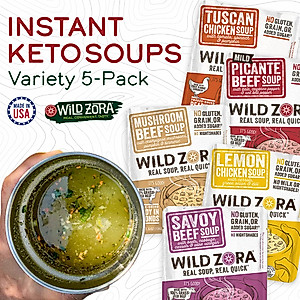 Wild Zora Instant Keto-Friendly Soups 5-Pack Variety, Broth Made with Grass-Fed Beef, Free-Range Chicken, and Vegetables, Gluten-Free, Low Carb, No Added Sugar, Flavorful Pantry Staples - 0.5oz/13g