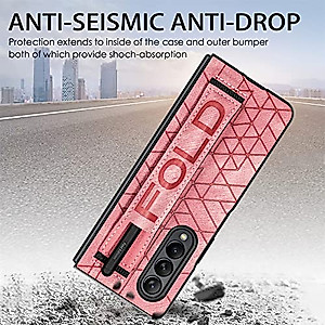 Omio Designed for Samsung Galaxy Z Fold 3 Leather Case with S Pen Holder & Strap, Wrist Strap Leather Back Cover Case Hard PC Shockproof Finger Grip Case for Galaxy Z Fold 3 Men Women Girls, Pink