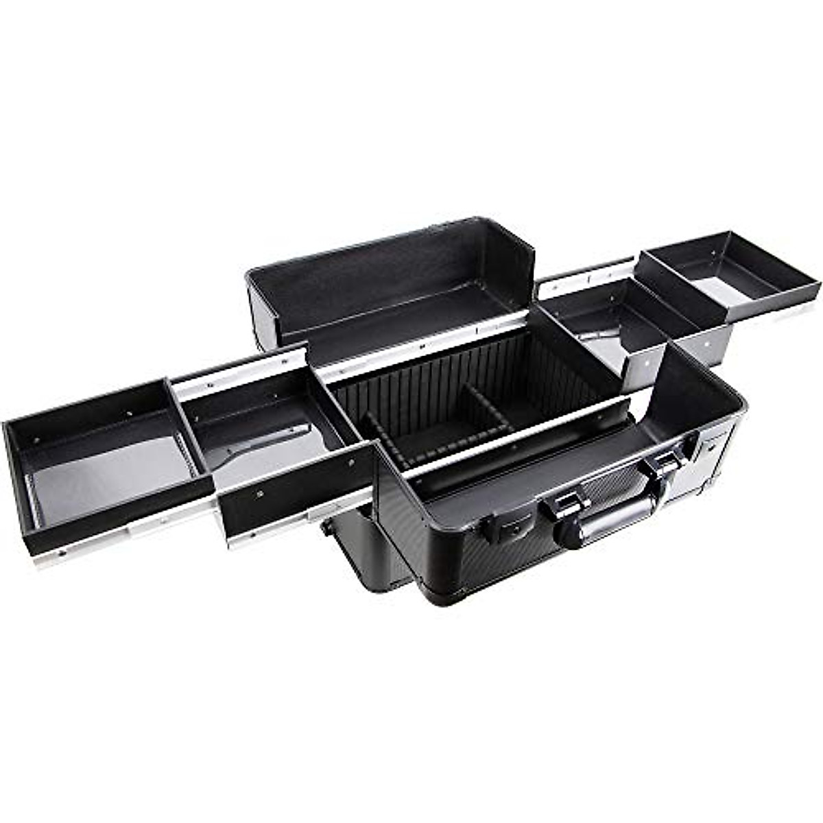 Ver Beauty 3-in-1 Professional 4 Removable Wheels Rolling Aluminum Art Craft Supplies Makeup Tattoo Artist Tool Case Organizer Easy-Slide Extendable Trays with Dividers Mirror, Black Dot