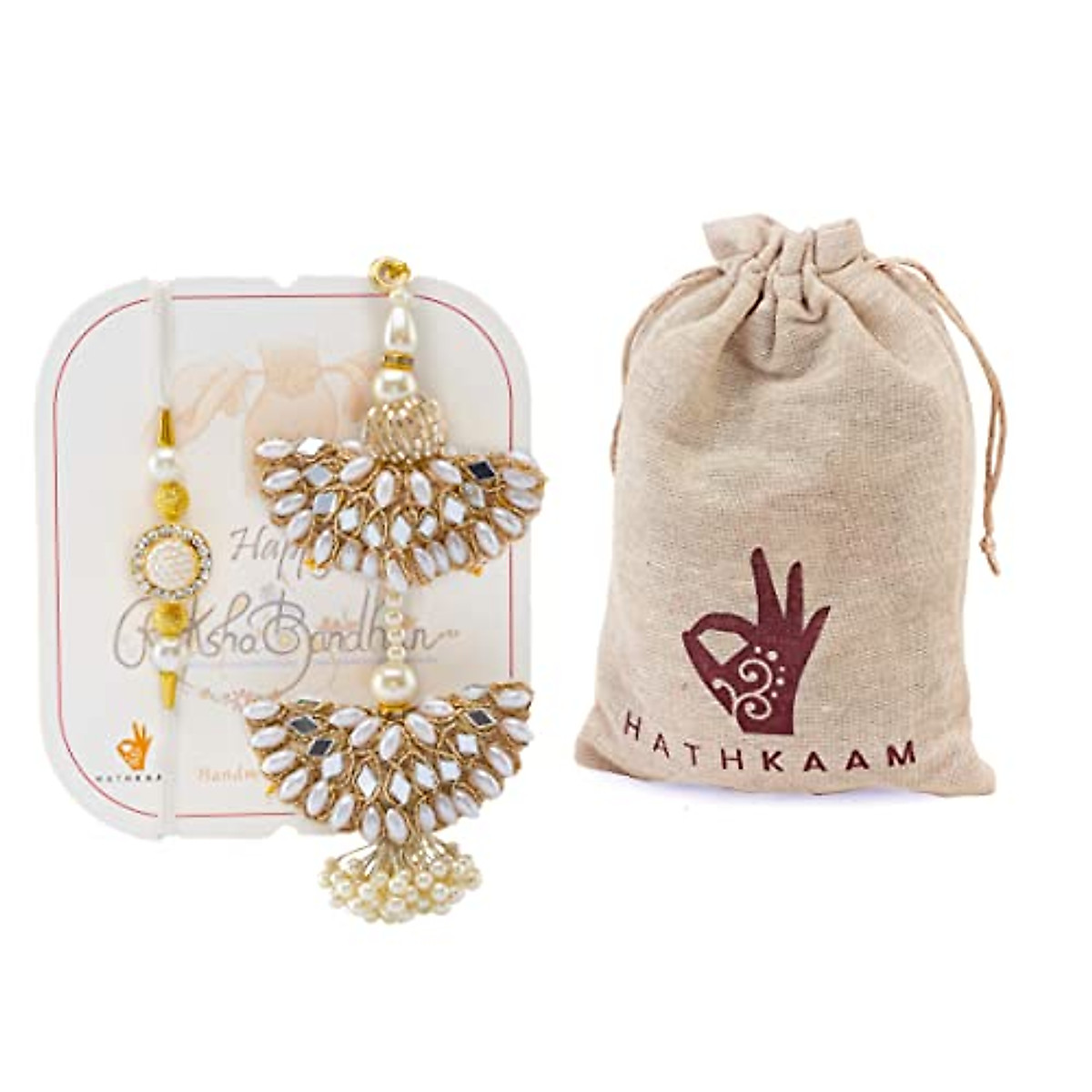 HATHKAAM Rakhi Lumba Set Designer Rakhi with Kundan Lumba for Brother Bhabhi Traditional Handmade Rakhi Lumba Set for Bhai Bhabhi Lumba Rakhi Set for Bhaiya Bhabhi Gift for Rakhsha Bandhan (HKRL017A)