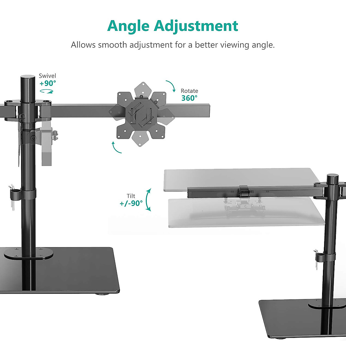 WALI Free Standing Dual Monitor Stand, Height Adjustable Monitor Mount with Glass Base, Fits LCD LED Flat Curved Screen up to 27 inch, 22lbs, with Grommet Base (GMF002)