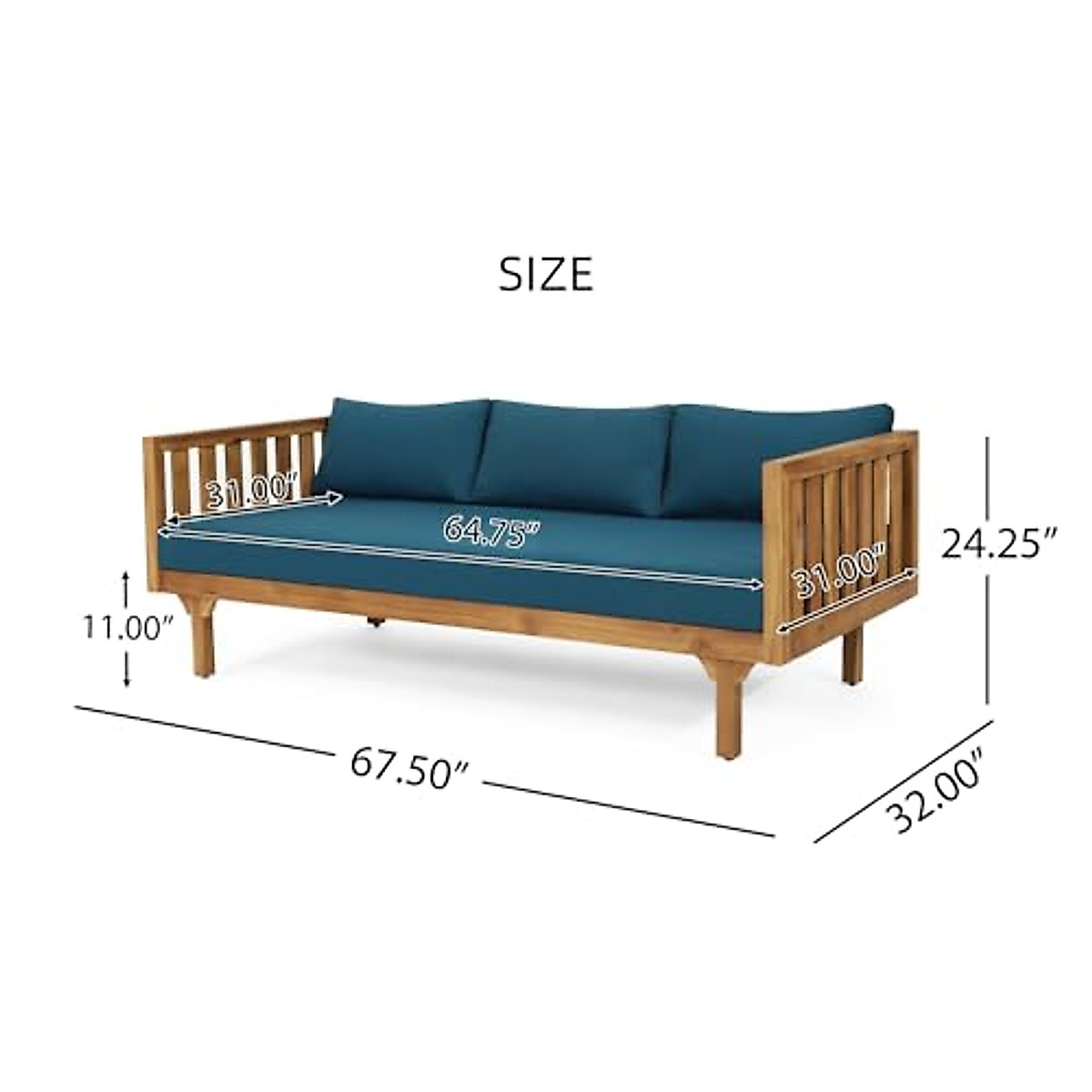Merax Outdoor 3 Seater Daybed, Acacia Wood Day Bed Couch Sofa with Cushions for Patio Backyard, Garden, Blue