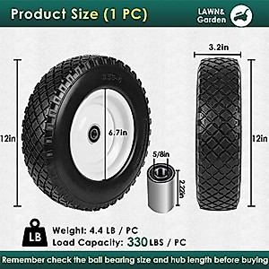 12" Solid Flat Free Tires and Wheels 1 Pac, 3.50-6 Rubber Tire Replacement Axle Bore Hole, Air less Wheel for Hand Truck/Trolley/Garden Cart/Lawn Mower/Wheelbarrow, 1Pack, Black