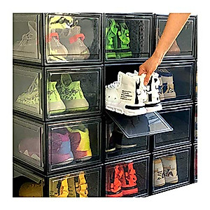 Stackable Shoe Organizer Shoes Box Womens Mens Shoe Sneakers Storage Box Foldable Stackable Shoe Storage Container Clear Closet Shelf Shoe Organizer for closet，dark color, translucent，Fit up to US Size 12 (14.9”x 10.4”x 7.9”) - 3 PACKS, BLACK