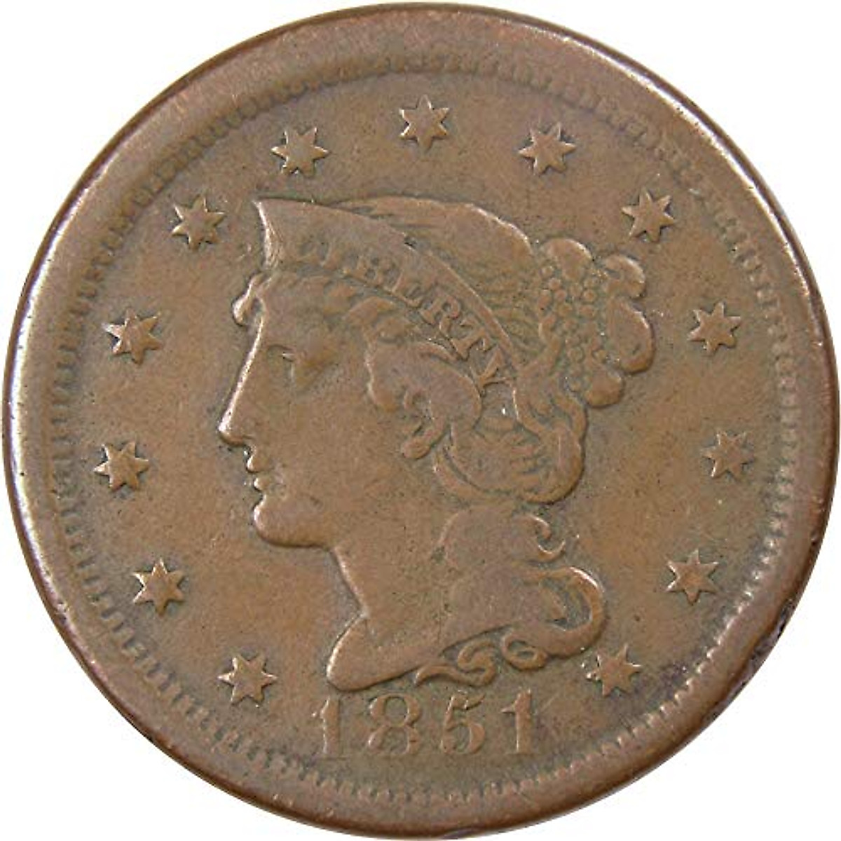 1851 Normal Date Braided Hair Large Cent VG Very Good Copper Penny 1c US Coin