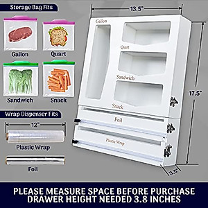 Ziplock Bag Organizer Bamboo, 6 in 1 Foil and Plastic Wrap With Cutter for Kitchen Drawer Compatible with Gallon, Quart, Sandwich and Snack Size Bags & 12" Rolls