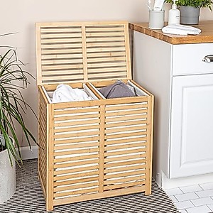 Household Essentials Bamboo and Cotton Double Laundry Sorter with Lid and Removable Cotton Bags, Natural