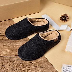 VeraCosy Men's Wool Felt Slippers Warm Fuzzy Faux Sherpa Slip-on Memory Foam Indoor House Slippers Dark Black, 11-12 US