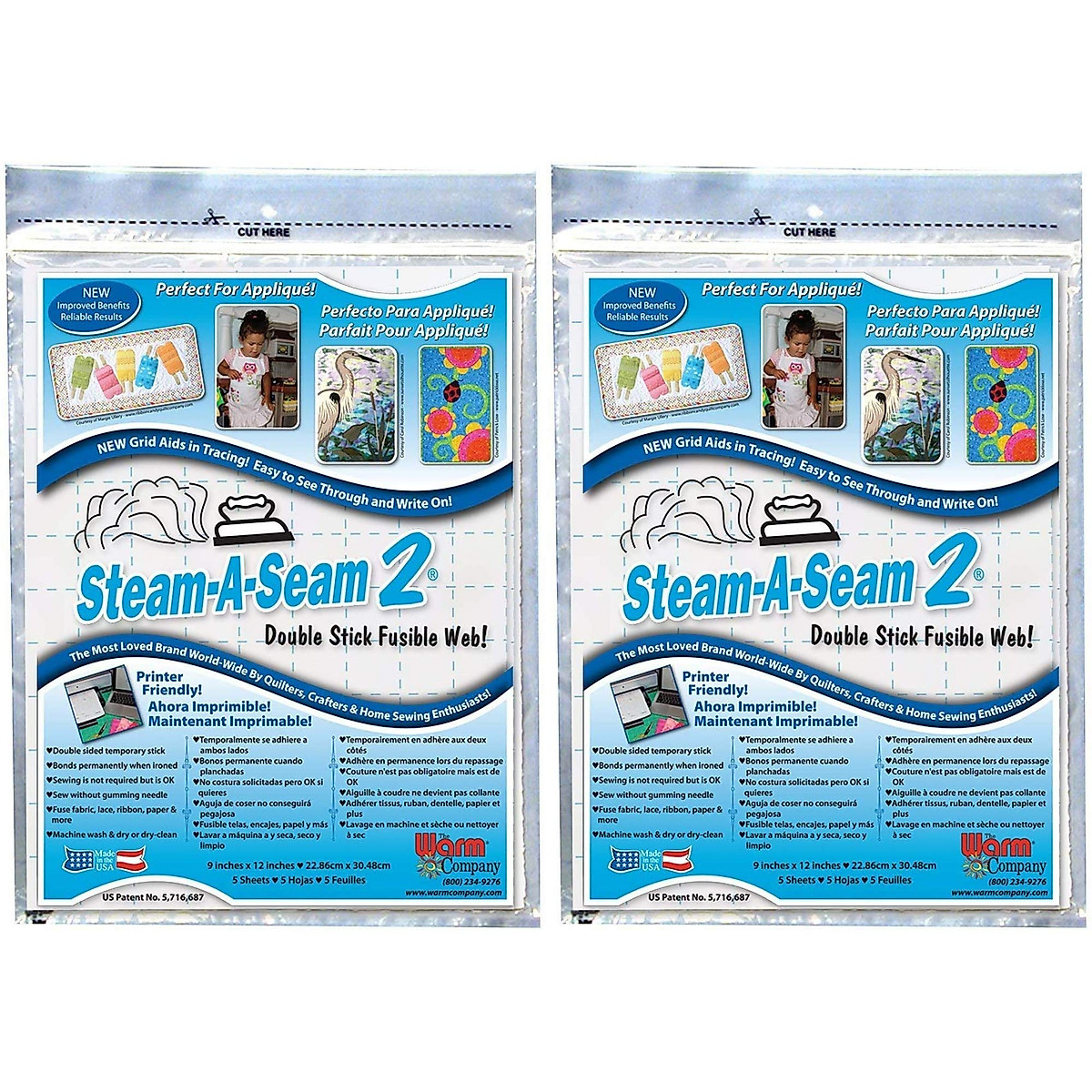 Warm Company Steam-A-Seam 2 Double Stick Fusible Web-9"X12" Sheets 5/Pkg (5517) (2-Pack of 5)