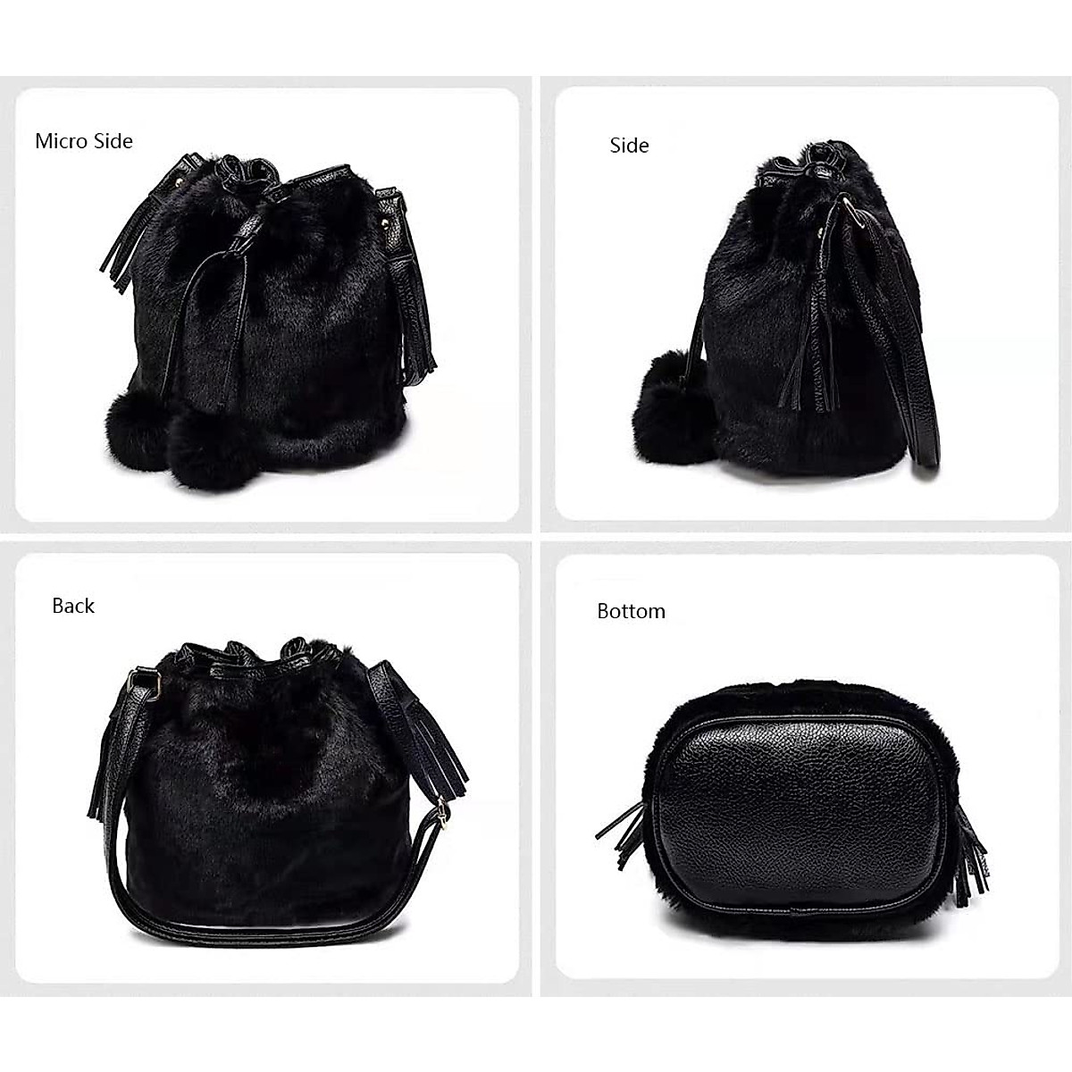 ENYIWH Women Leopard Print Faux Purse Fur Drawstring Bucket Bag Shoulder Crossbody Bag