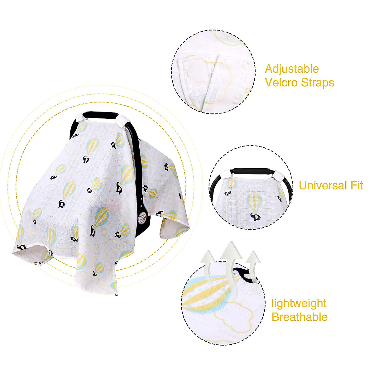 Baby Car Seat Covers, Spring Carseat Canopy for Boys Girls, Lightweight Breathable Stroller Cover, Yellow Balloon Infant Carrier Covers