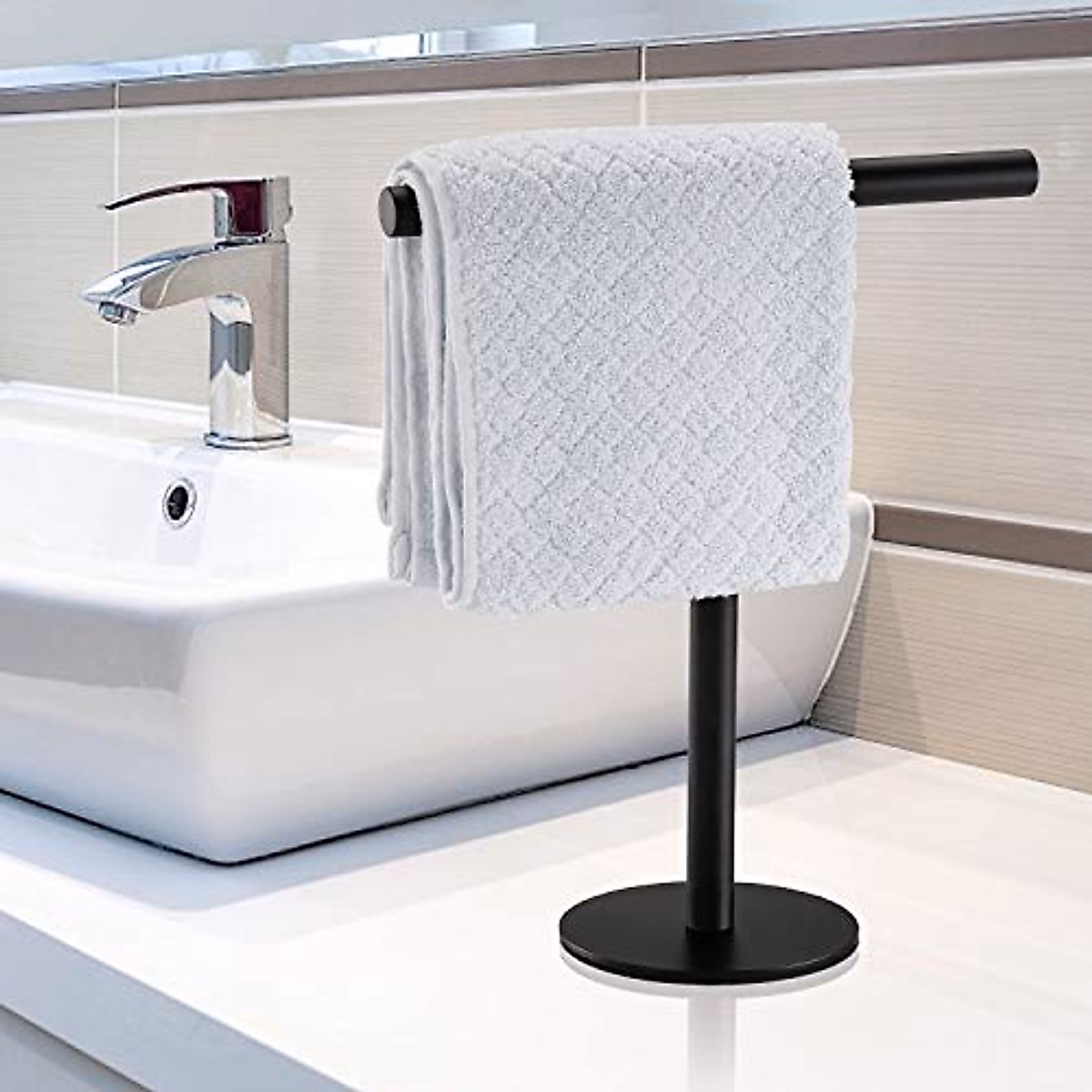Pynsseu Bath Hand Towel Holder Standing, SUS304 Stainless Steel Matte Black T-Shape Towel Bar Rack Stand, Tower Bar for Bathroom Kitchen Vanity Countertop