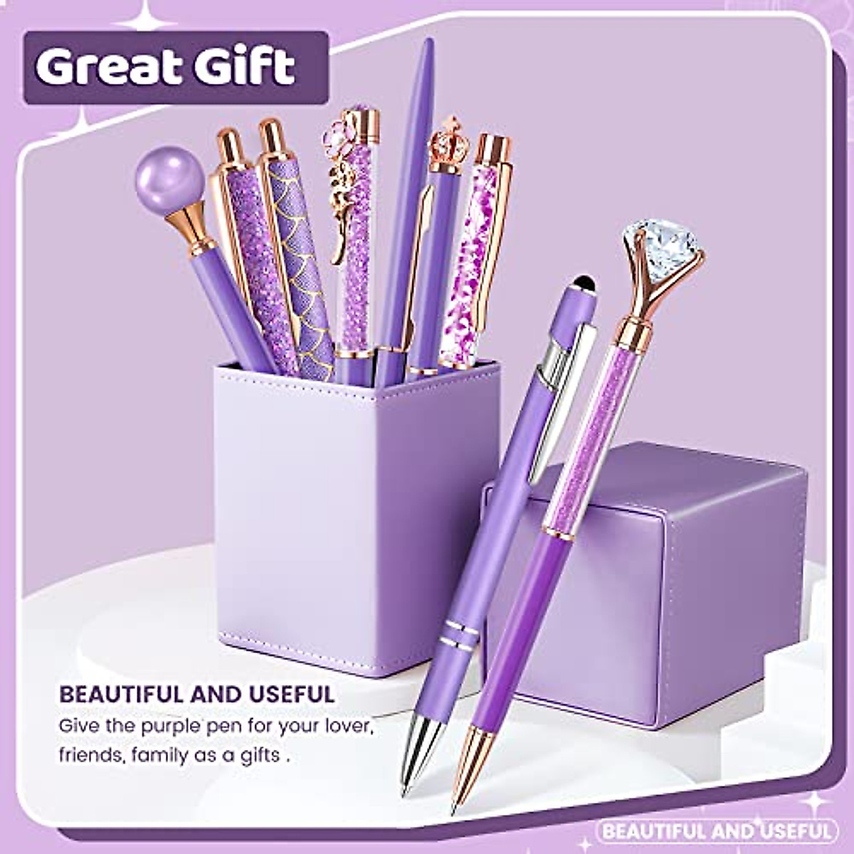 Airevesket 9Pcs Purple Pens Set, Ballpoint Pens Set, Metal Crystal Diamond Pen, Black Ink Ballpoint Cute Pens Set, Purple Gifts for Women Girls Office Wedding Supplies (Purple)