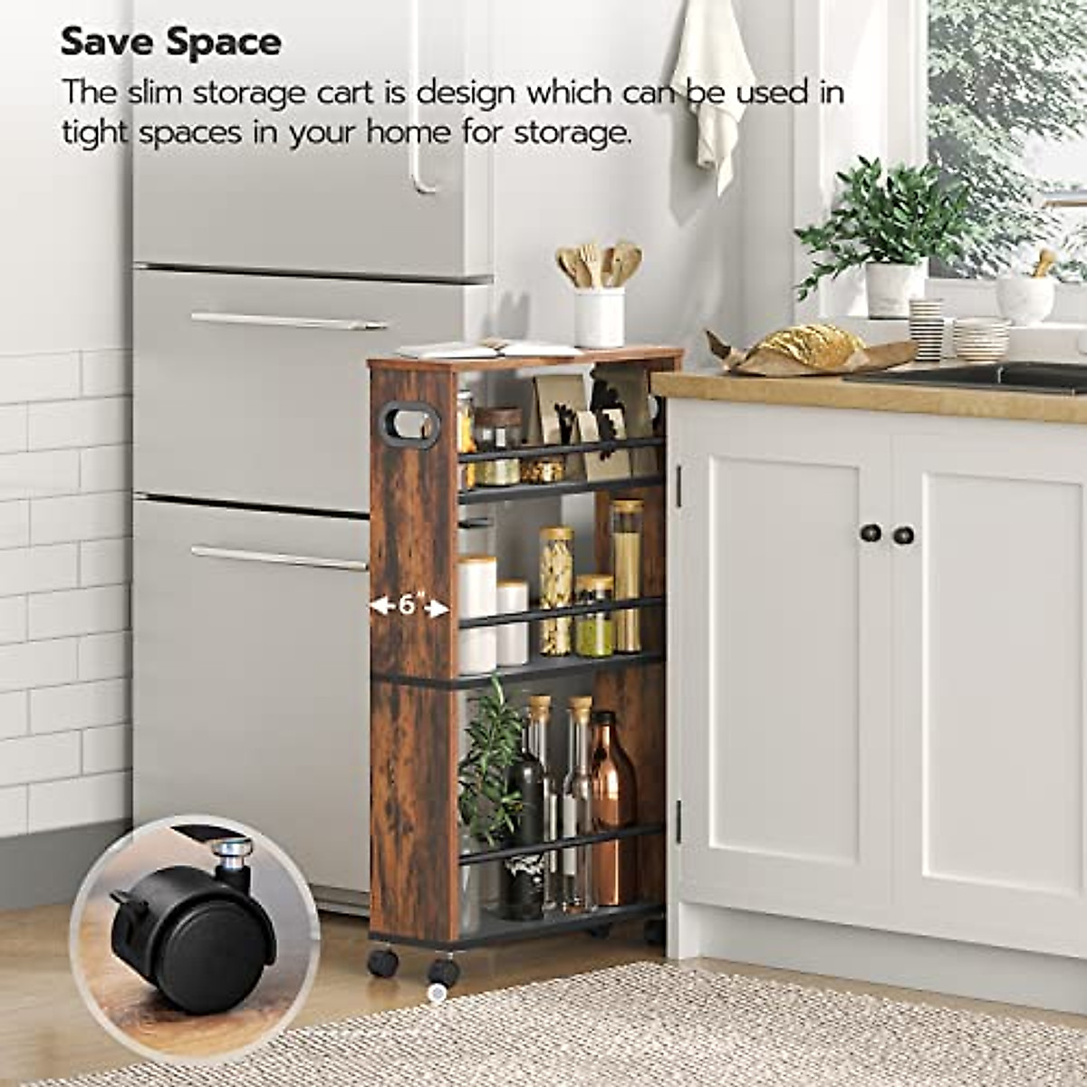 HOOBRO 4-Tier Slim Rolling Cart, Storage Cart for Laundry Room, Narrow Kitchen Cart with Handle and Lockable Casters, Space Saving, Easy Assembly, for Kitchen, Bathroom, Rustic Brown BF15TC01