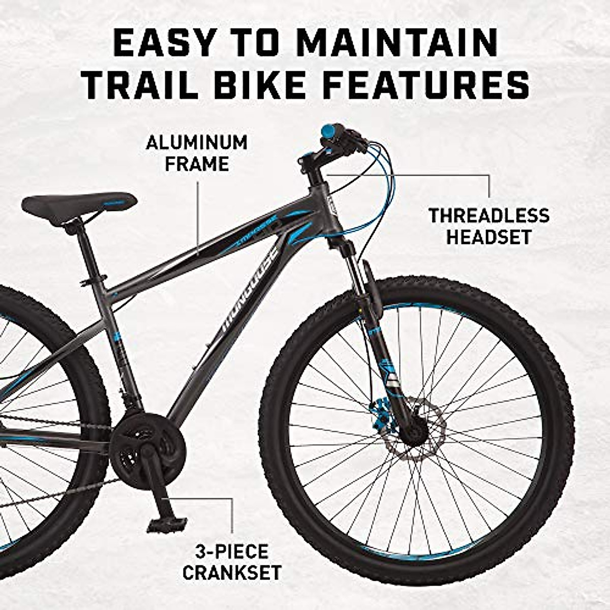 Mongoose Impasse HD Mountain Bike, Men and Women, 29-Inch Wheels, Aluminum Frame, Twist Shifters, 21-Speed Rear Deraileur, Front and Rear Disc Brakes, Charcoal