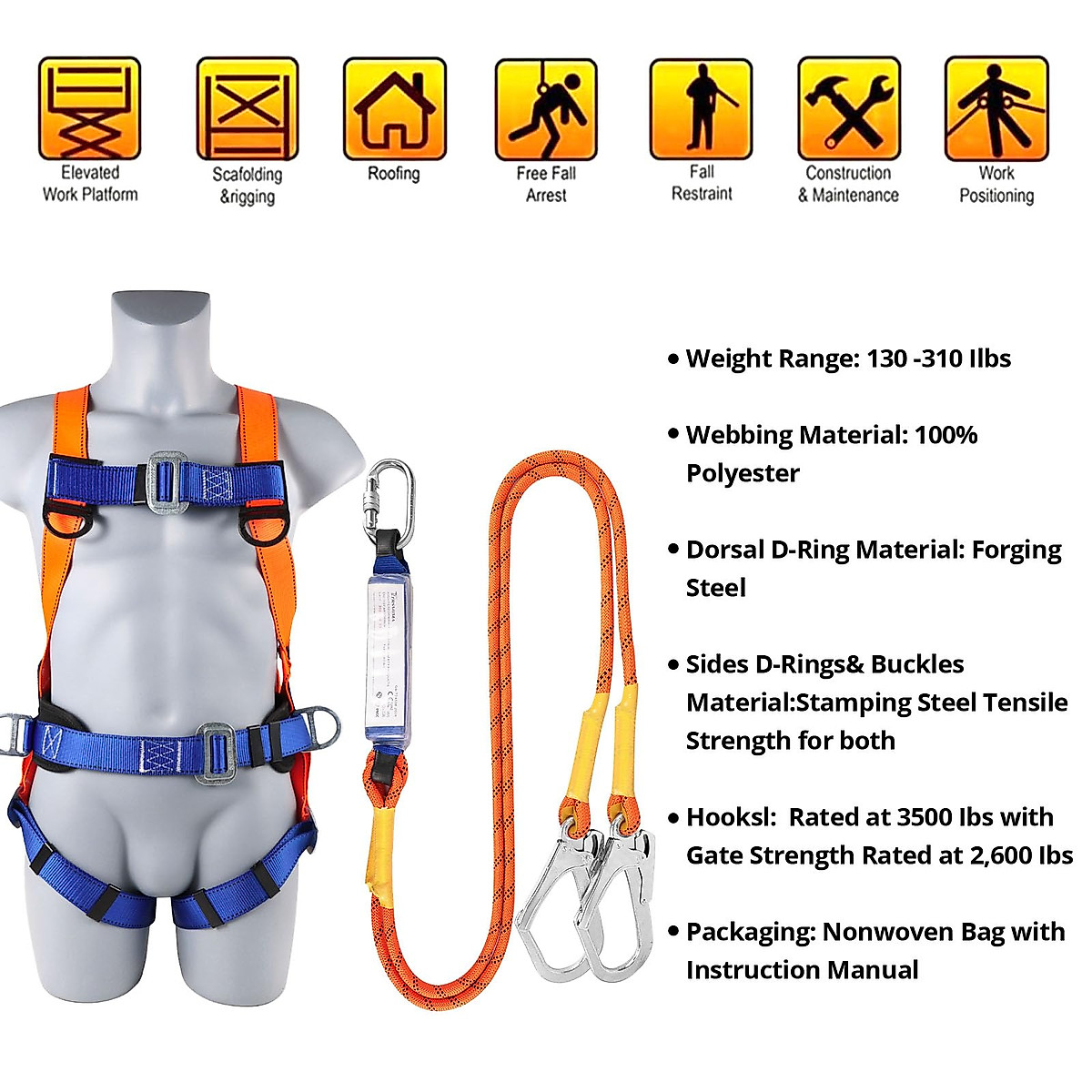 TT TRSMIMA Safety Harness Fall Protection Kit: Full Body Roofing harnesses with Shock Absorbing Lanyard - Updated Comfortable Waist Pad