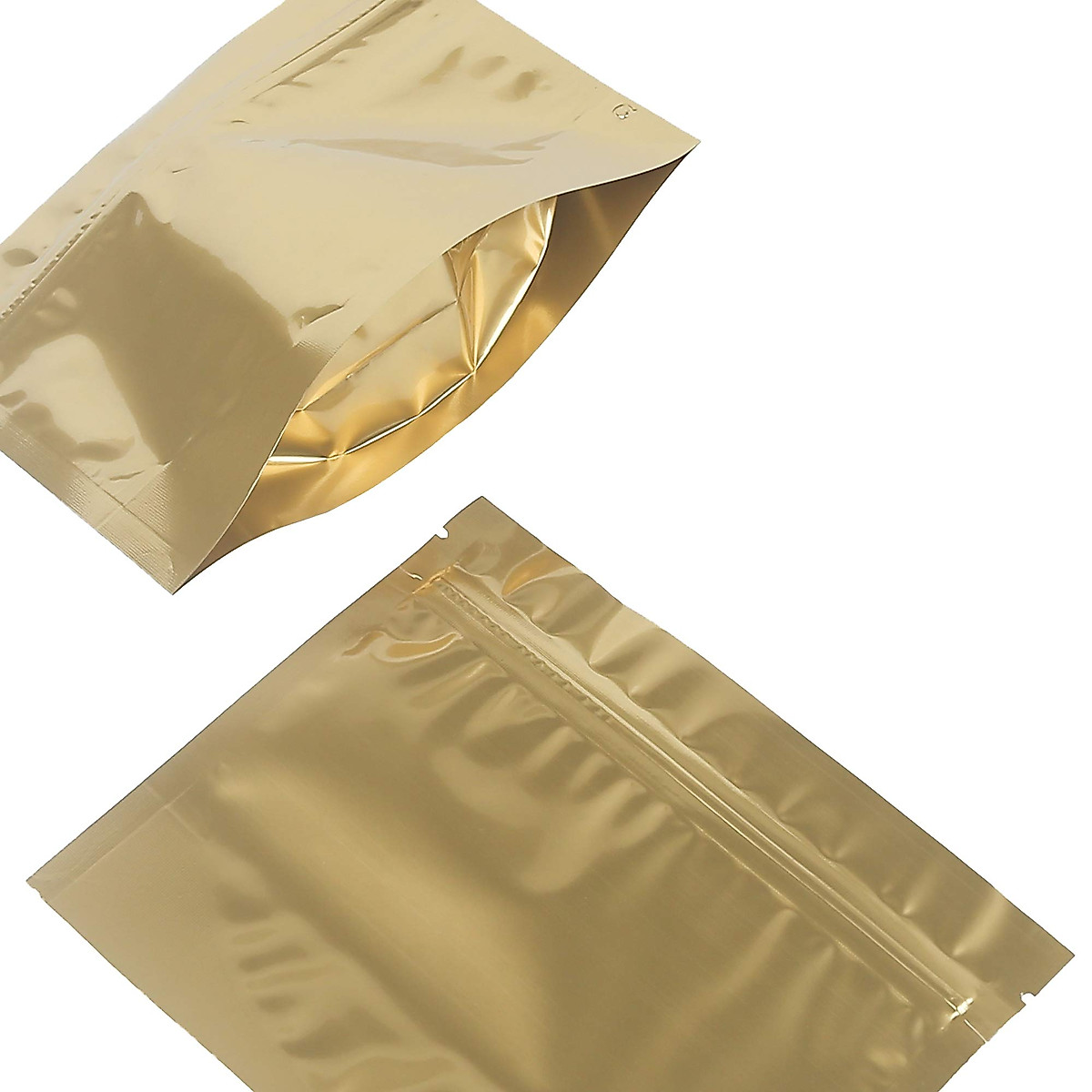 QQ Studio Pack of 100 Double-Sided Glossy Wide Mouth Smell Proof Stand Up Resealable Pouch Bags (Glossy Gold, 6.5x5" (3oz))