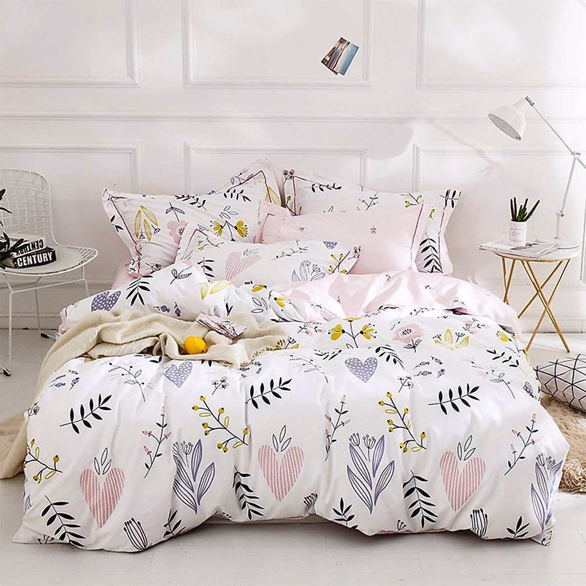 Fresh Flower Print 4 PCS Bedding Set 【1 Queen Duvet Cover + 2 Standard Pillowcases + 1 Queen Fitted Sheet】