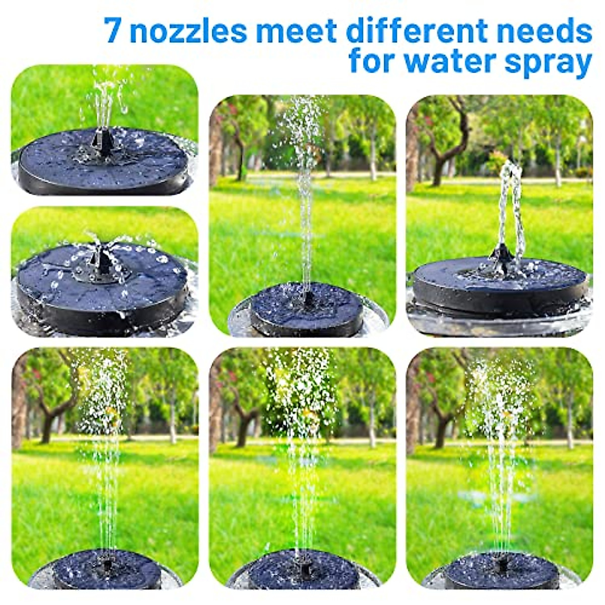 Solar Fountain Pump for Bird Bath, 3W Bird Bath Fountains Solar Power with 7 Nozzles & 4 Fixers LED Light Floating Outdoor Solar Water Fountain Pump for Pool, Garden, Pond, Birdbath, And Fish Tank
