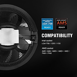 Vetroo M2 CPU Cooler, Black Aluminum Fins LED Ring Lighting Hydraulic Bearing 90W TDP Air Cooler for Intel LGA 1700/1200 & AM5/AM4/AM3+/AM3/115X