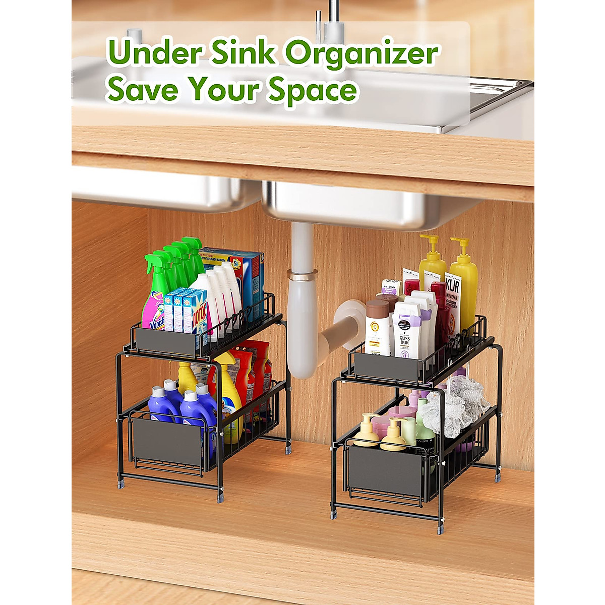 Docusvect Under Sink Organizer, 2-Tier Metal Under Cabinet Sliding Storage, Under Kitchen Sink Organizer, Under Sink Organizers and Storage with Hooks, Organizer for Bathroom Kitchen (Steel-1Pack)