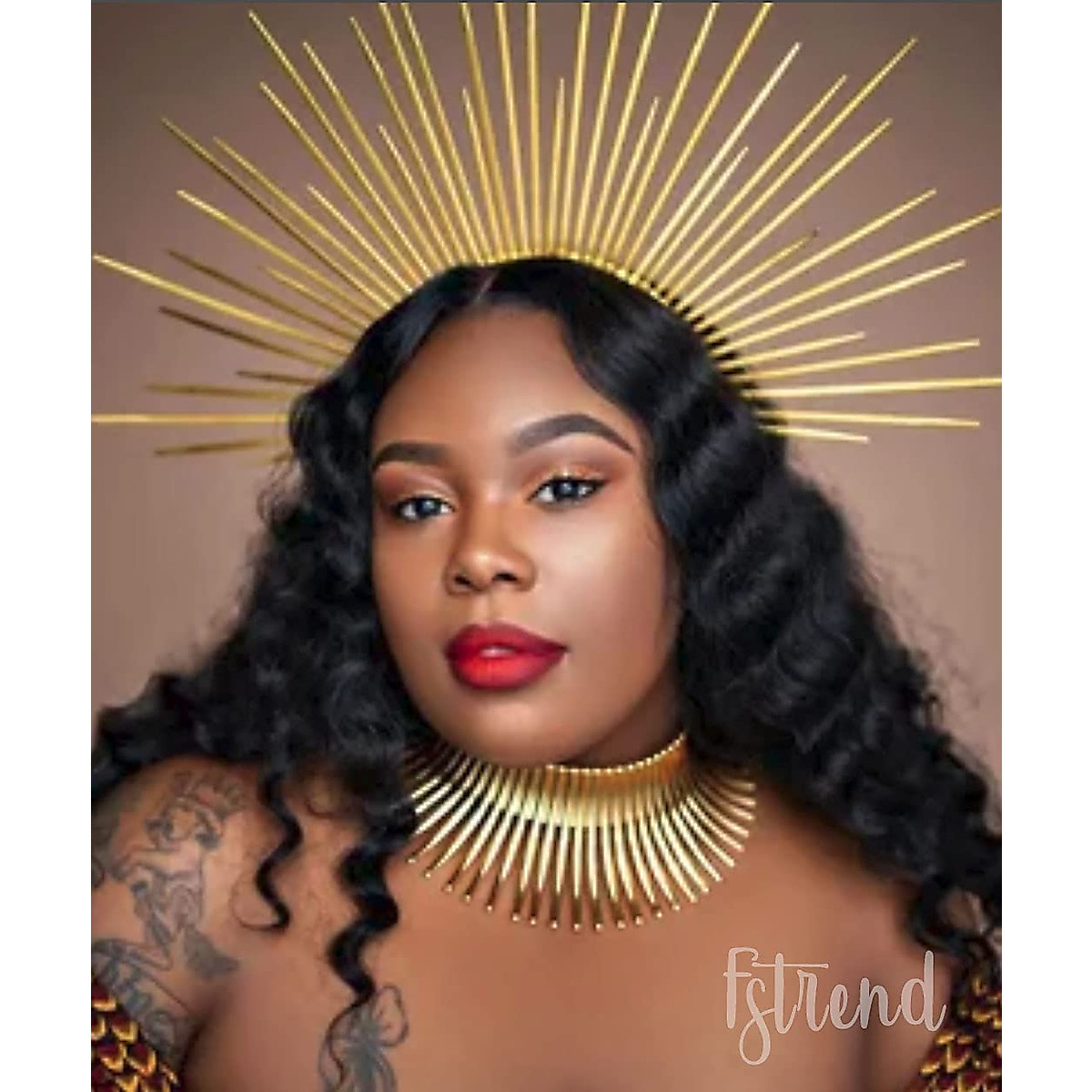 Fstrend Collar Statement Choker Earrings Set Gold Plated African Bib Chunky Necklace Costume Party Jewelry Accessories for Women and Girls (Gold)