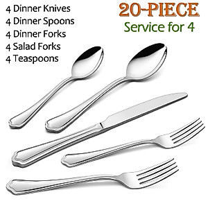 20-Piece Silverware Set, E-far Stainless Steel Flatware Cutlery Set Service for 4, Metal Tableware Eating Utensil Set, Dinner Knives/Forks/Spoons, Scalloped Edge & Mirror Polished - Dishwasher Safe