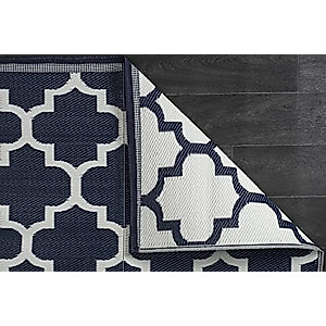 Beverly Rug Trellis Outdoor Rugs 10x13 Waterproof Reversible Plastic Straw Rug Outdoor Carpet, Outside Mat for Patio, Camping, Picnic, Porch, Deck, RV, Beach, Pool, Blue and White