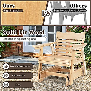 Giantex Outdoor Glider Rocking Chair - Wood Porch Rocker with High Back, Widened Armrests, Curved Seat, Rotatable Cup Holder, Patio Slat Rocking Chair for Backyard, Balcony, Poolside, Natural