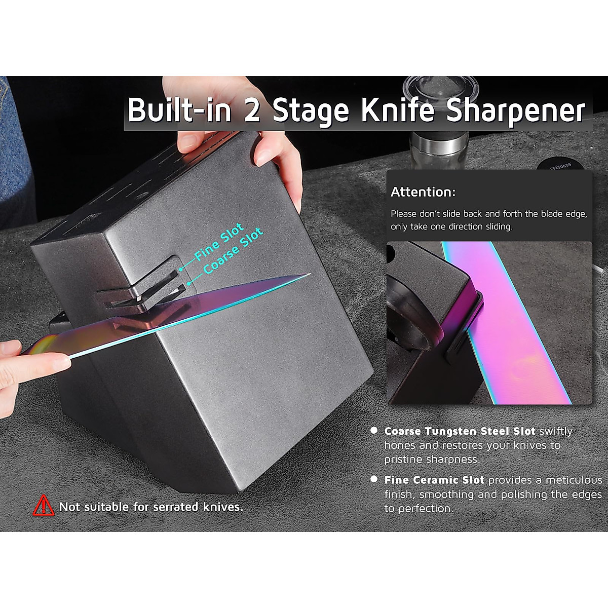 18-Slot Kitchen Knives Block, WELLSTAR Large Capacity Natural Wooden Knife Holder without Knives – Modern Hard Wood Counter-top Knife Storage with Built-in 2-Stage Knife Sharpener - Black