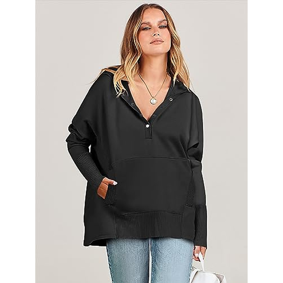 ANRABESS Women Casual Henley Hoodies Oversized Sweatshirt Ribbed Knit Long Sleeve Shirts Buttons V Neck Loose Baggy Sweater Hooded Pullover Fashion 2023 Fall Clothes 1064heise-S Black