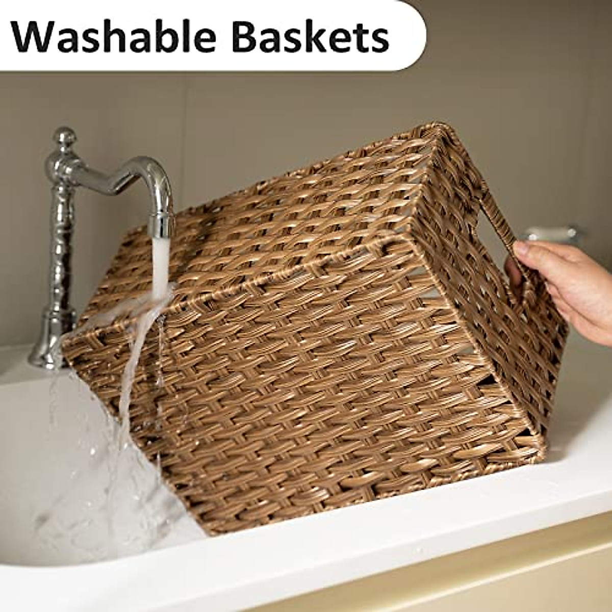 ROSOS Wicker Baskets 4 Pack, Waterproof Wicker Storage Basket with Handles, Washable Large Wicker Baskets for Storage