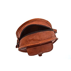 Vintage Leather Crossbody Bag Women/Teen Girls Satchel Handbag Round Messenger Sling Bags, 10 Inch Small