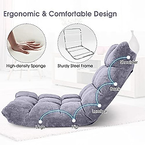 Giantex Floor Chair with Back Support, Folding Sofa Chair with 14 Adjustable Position, Padded Sleeper Bed, Couch Recliner, Floor Gaming Chair, Meditation Chair, Gaming Floor Chairs for Adults(Gray)