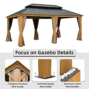 Domi Outdoor Living 12’x20’ Hardtop Gazebo, Wooden Coated Aluminum Frame Canopy with Galvanized Steel Double Roof, Outdoor Permanent Metal Pavilion with Curtains and Netting for Patio, Deck and Lawn