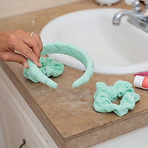 FROG SAC Puffy Spa Headband and Wristbands for Face Washing, Skincare Headbands for Women, Terry Cloth Makeup Skin Care Headbands for Girls, Bubble Make Up Hair Accessories (Mint)