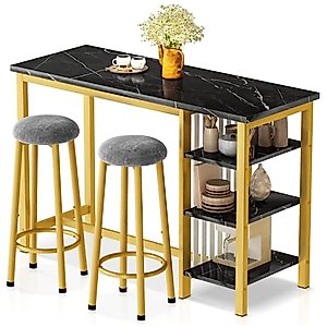AWQM Bar Table Set with Storage Shelves, 47" Modern Black Faux Marble Breakfast Table with 2 Velvet Stools, 3-Piece Dining Set for 2, Space Saving Table for Kitchen/Dinning Room/Living Room/Studio