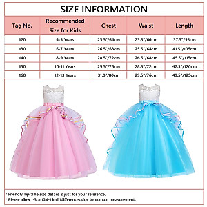 NEWEPIE Girls Unicorn Costume Bowknot Princess Birthday Tulle Lace Dress Christmas Party Carnival Halloween Outfit w/Headband Pink 8-9T