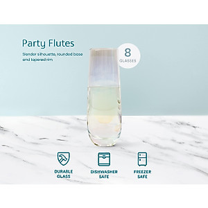 KooK Stemless Iridecent Champagne Flutes, Durable Glass, Great for Mimosa, Cocktails, Toasting Weddings Glasses, 9.4 oz, Set of 8