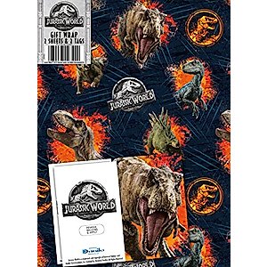 Jurassic Park Wrapping Paper and Gift Tags, 2 Sheets and 2 Gift Tags